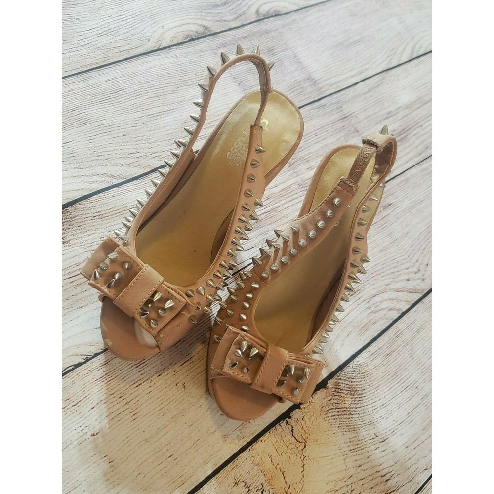 Charlotte Russe Klum Nude Spiked Bow Peep Toe Heel - Gem